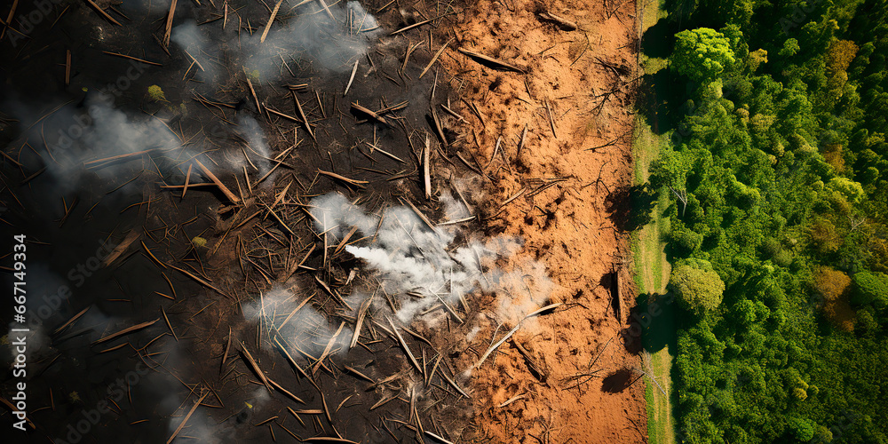 Aerial view of deforestation. environmental destruction due to tropical ...