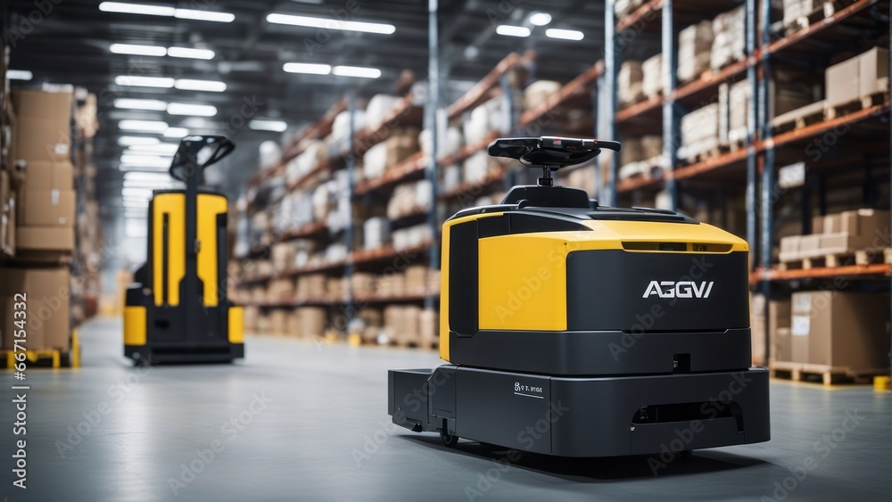 AGV (Automated guided vehicle) in warehouse logistic and transport ...