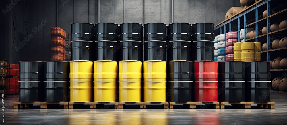 Chemical Warehouse With Diverse Colored Metal Barrels Production Storage And Pallets Of Toxic