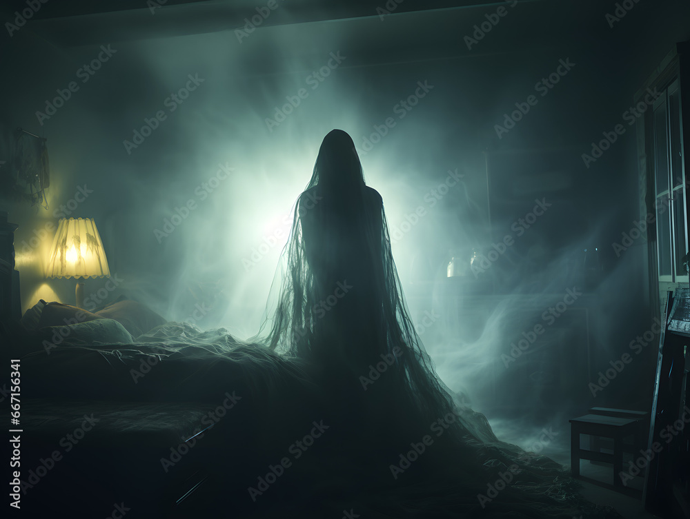 Blurred ghost silhouette in bedroom window at night horror scene on ...