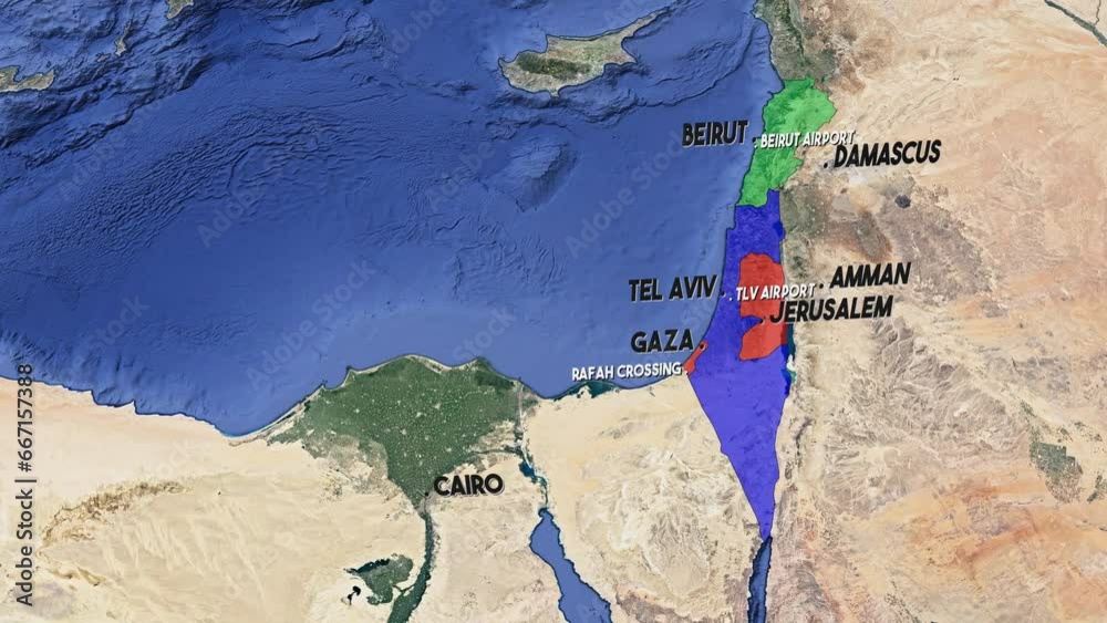 A 3D satellite animated map highlighting Lebanon in green, Palestinian ...