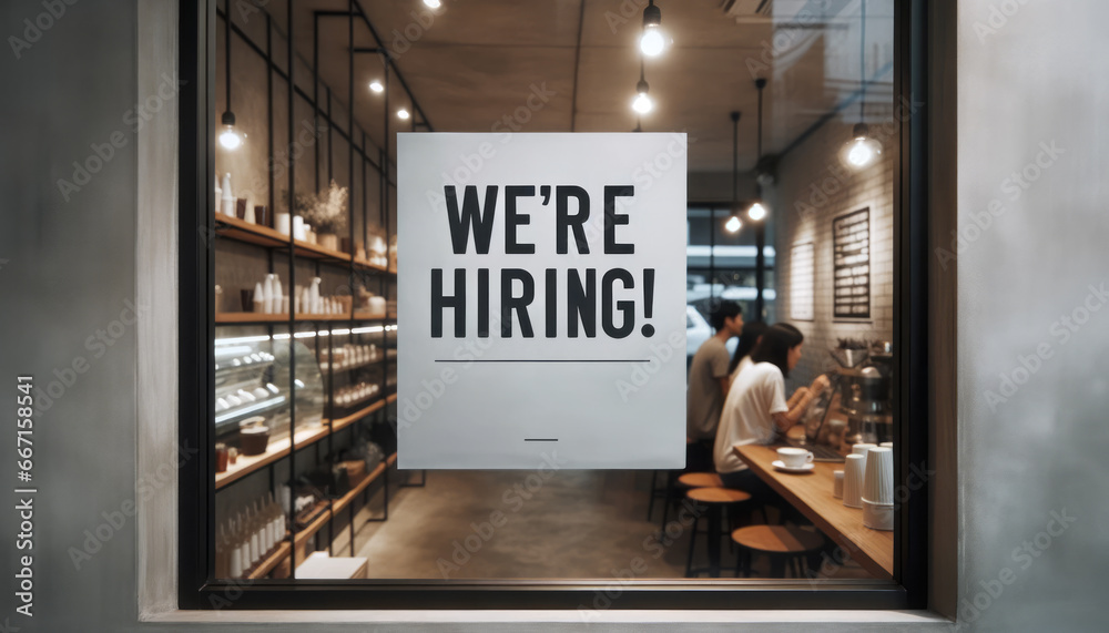 A "We're Hiring" sign on the front door of a cafe. Employment in a booming economy. Looking for ...