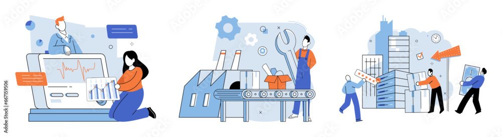Product to service model. Vector illustration. Different occupations ...