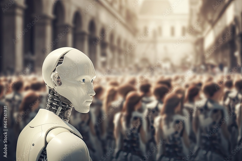 3d rendering of a female robot in a crowd of people on a city street ...