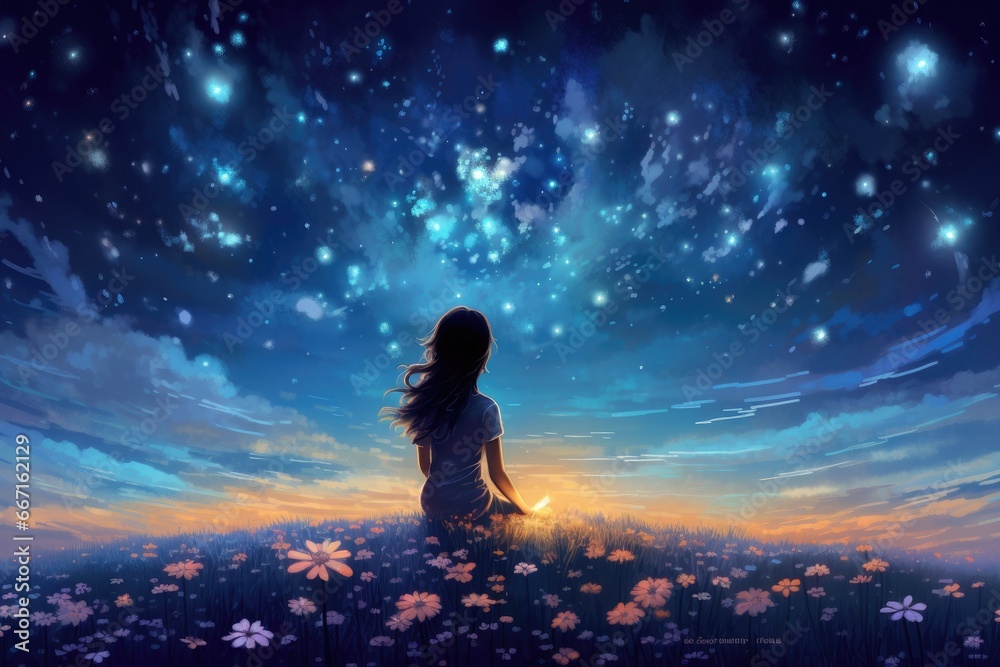 Young woman sitting on grass and looking at night sky with stars ...