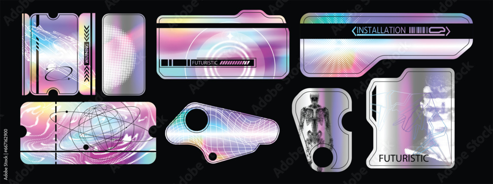 Hologram y2k sticker set, vector holography retro futuristic label kit ...
