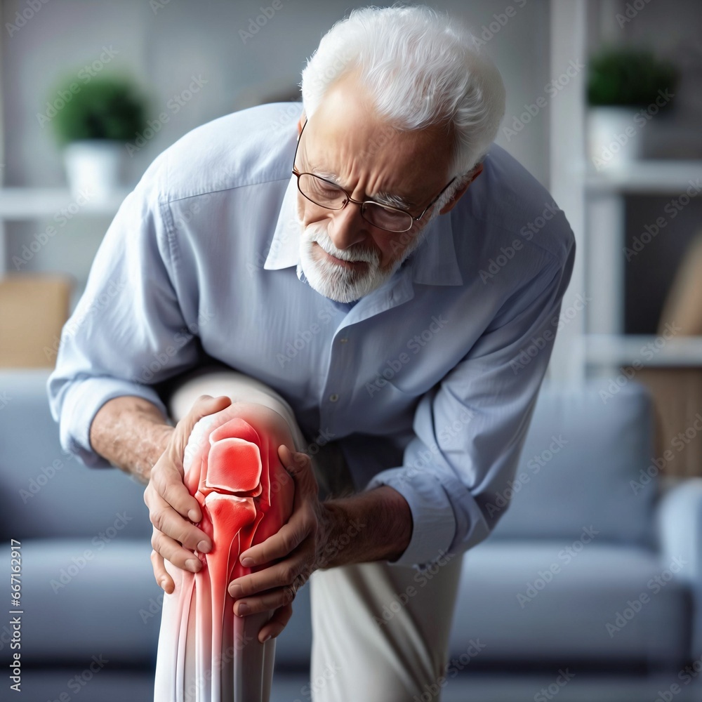 Senior man suffering from knee pain at home. Mature man holding hands ...