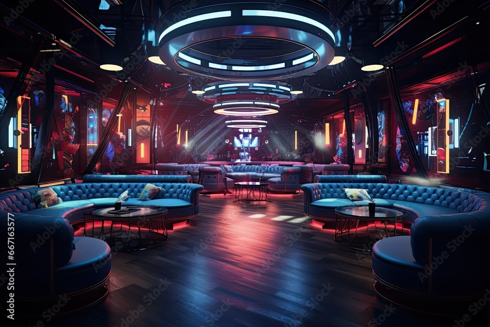 3D rendering of night club interior with neon lights and blue sofa ...