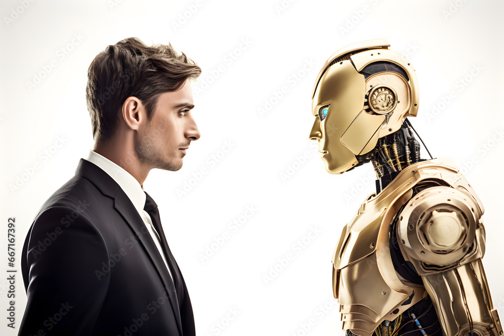 Man and AI robot look at each other. Concept of human and robot war in ...