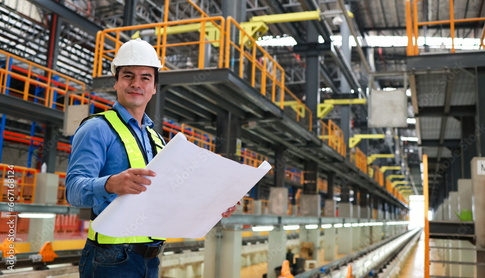 Young railway engineer hold blueprint drawing work at the sideline ...