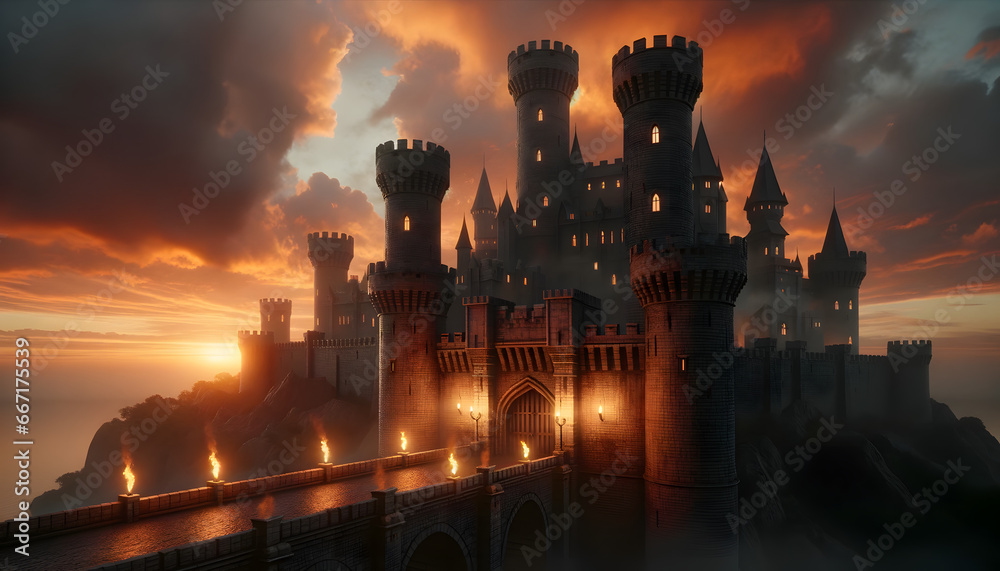 Majestic Castle at Sunset: Fiery Skies Over a Medieval Fortress on a ...