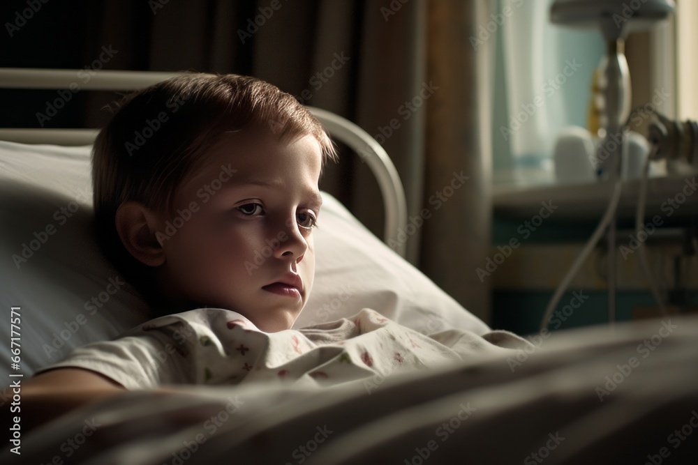 Side view of sad little boy with brown hair lying on medical bed in ...