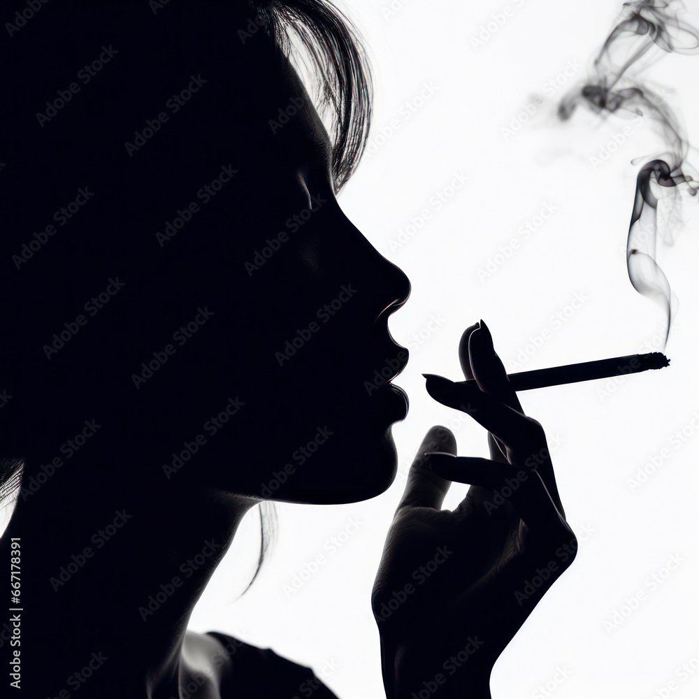 silhouette of woman smoking. cigarette burning in mouth isolated on ...