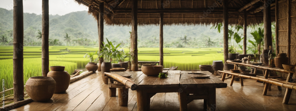 Interior of a traditional Vietnamese rice paddy house with bamboo ...