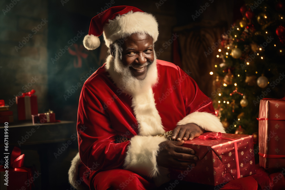Christmas image of a happy smiling black african Santa Claus with funny ...