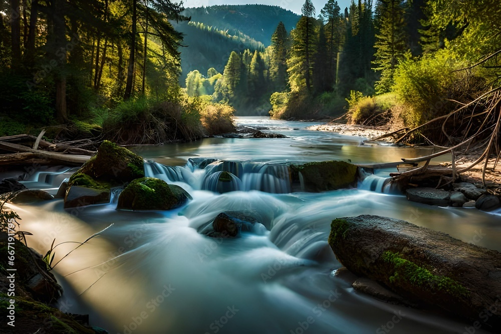 A close-up shot of a wilted and polluted river flowing through a forest ...