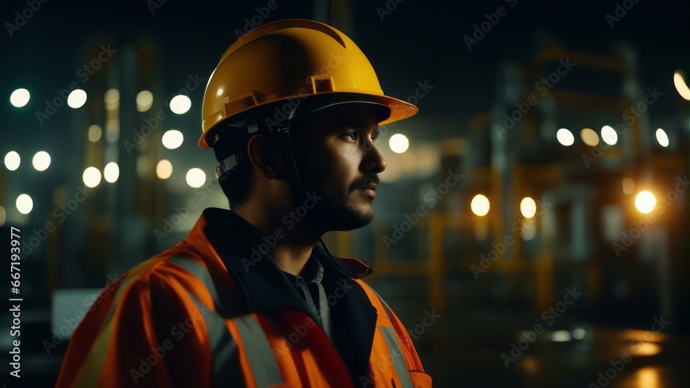 Engineer wear uniform and helmet stand workplace, survey inspection ...