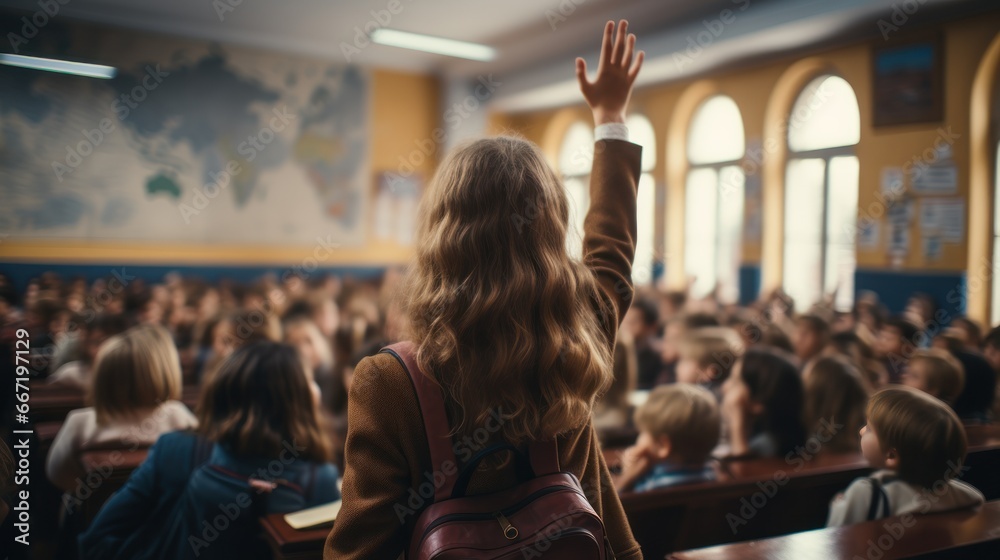 A young student in a classroom raises her hand confidently amid a crowd ...