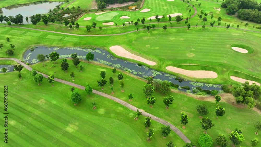 A bird's-eye view of a sleek, contemporary golf course. Crisp lines ...