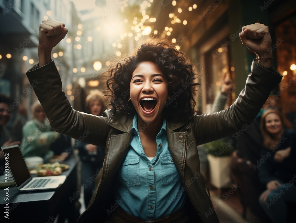 n exuberant woman raises her fists in jubilation in a lively urban ...