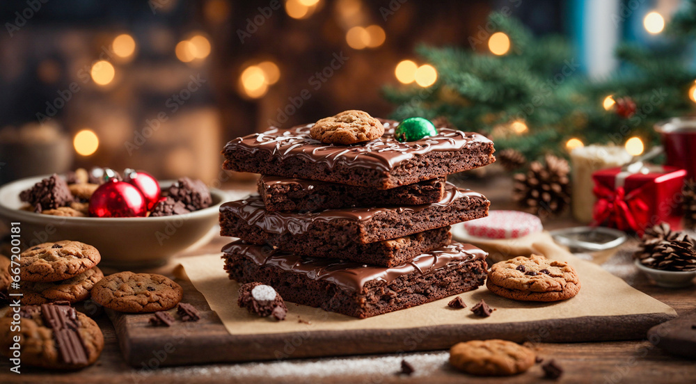 ภาพประกอบสต็อก Christmas chocolate Brownies and Cookies. Festive ...