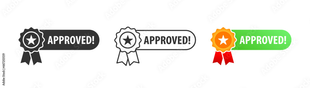 Approved ribbon stamp icon, award certificate, seal banner, symbol ...