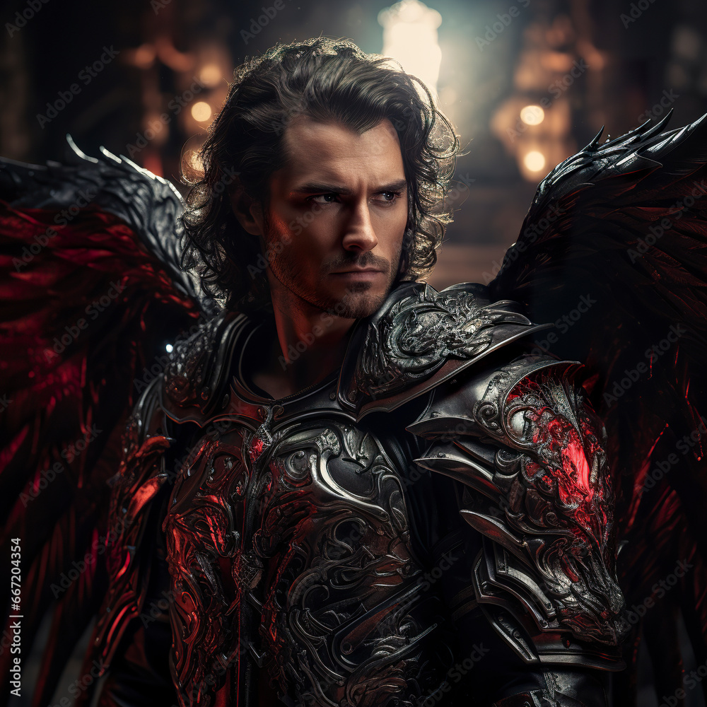 Depiction of an angelic warrior with shiny dark armor fighting in war ...