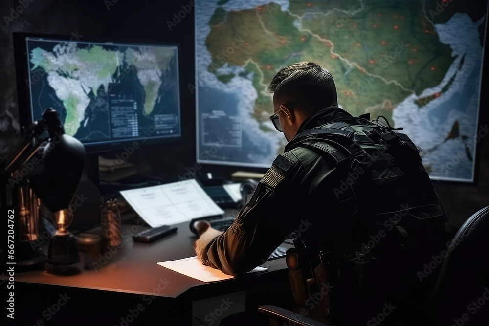 Soldier Strategizes In Modern War Room With Maps And Screens Stock ...