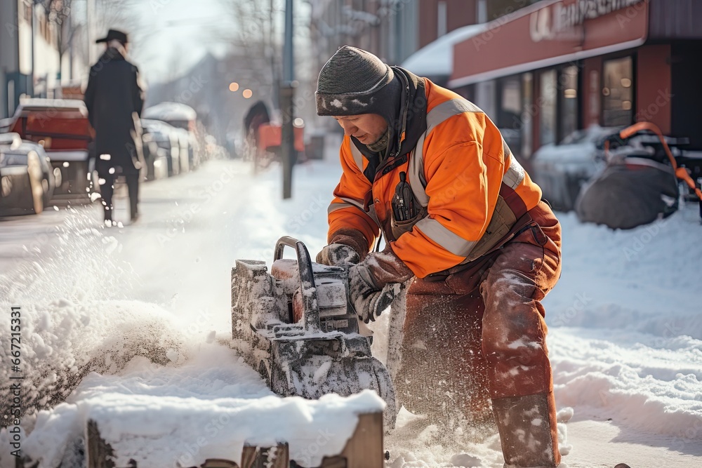 Snow removal by a city service on the street. Generative AI Stock Photo ...
