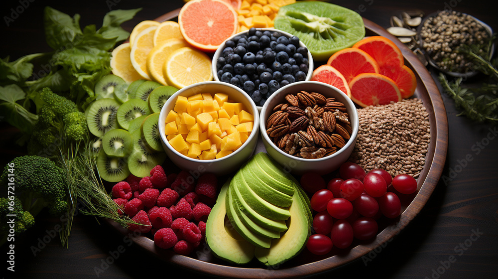 Nutritional diversity: A collage of colorful vegetables, fruits, nuts ...