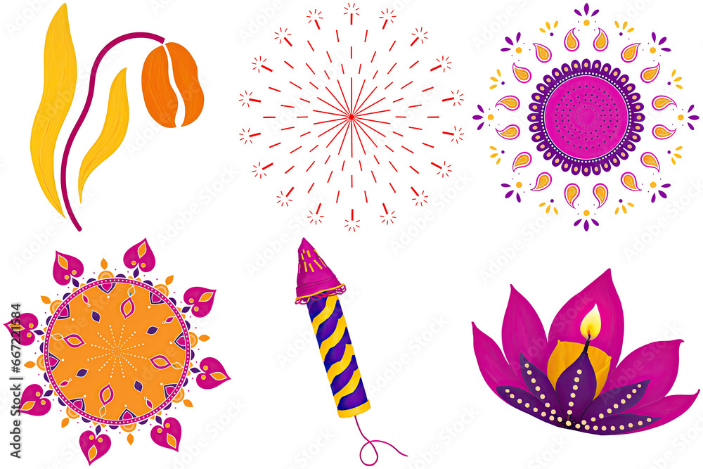 Diwali Festive Celebration rangoli, flowers, Diya, rocket, fireworks ...