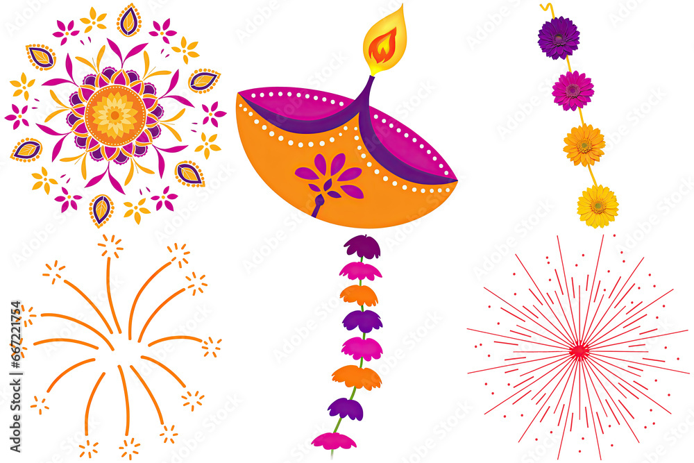 Diwali Festive Celebration rangoli, flower garland, Diya, fireworks ...