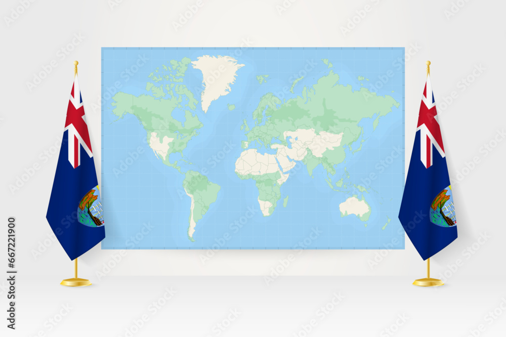 World Map between two hanging flags of Saint Helena flag stand. Stock ...
