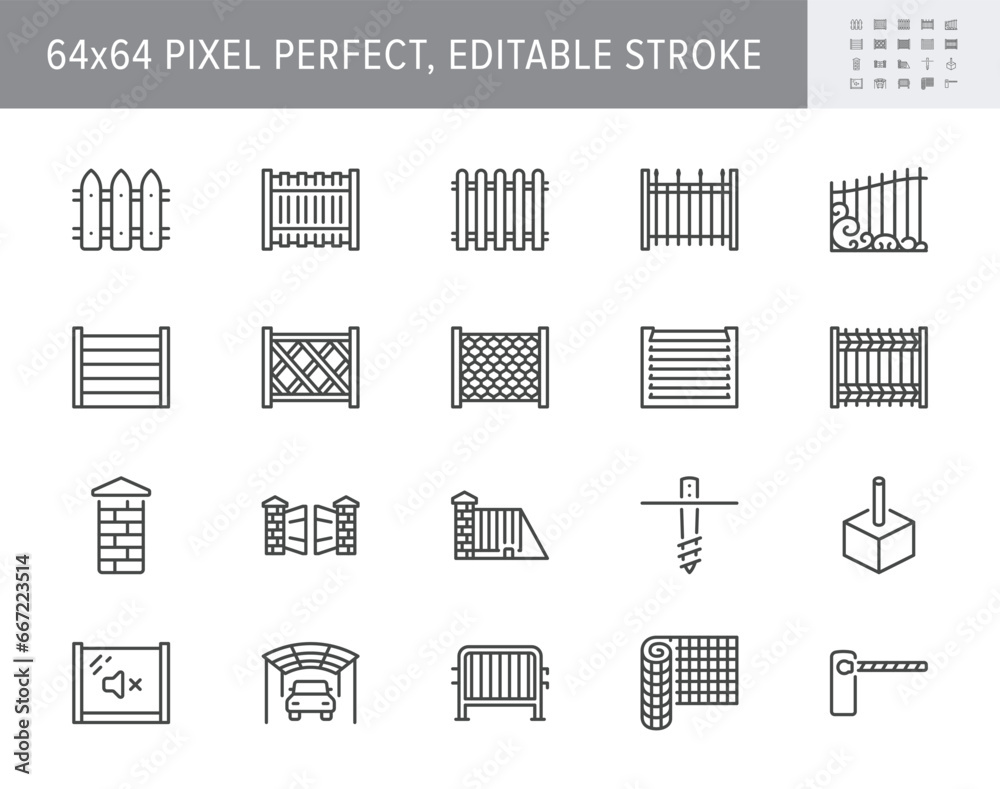 Fence types line icons. Vector illustration include icon - chainlink ...