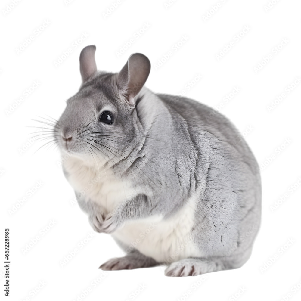 side view, a cute grey chinchilla is sitting on its hind legs, with its ...