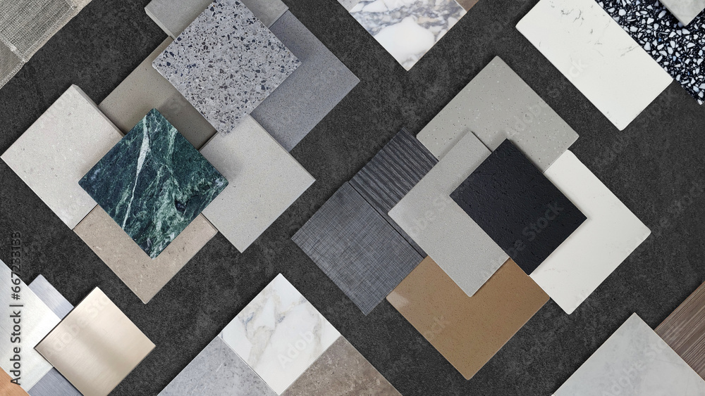 samples of interior material contains ceramic tiles, artificial stones ...