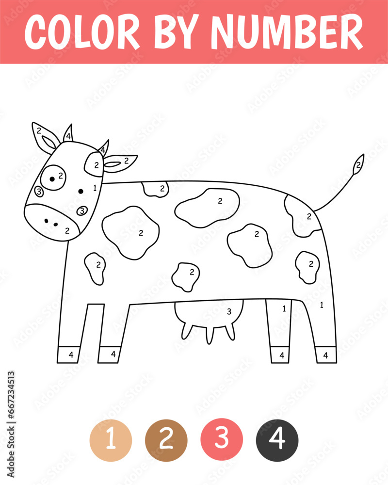 Color by number game for kids. Childish cute Brown cow. Farm coloring ...