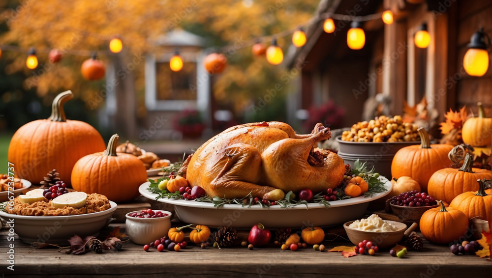 Thanksgiving dinner background with turkey and all sides dishes ...
