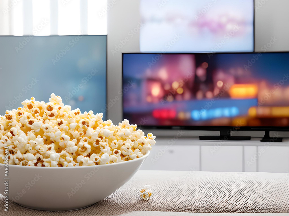 Popcorn in a white ceramic bowl and remote control in front of the TV in a home interior ...