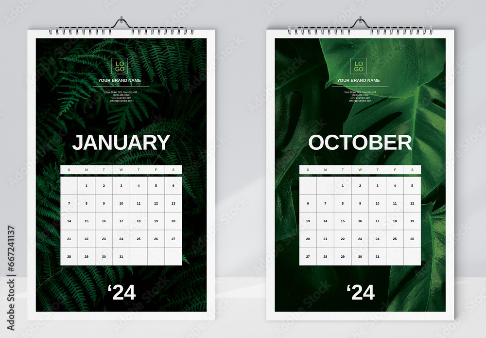 Green Forest Wall Calendar 2024 Layout Stock Template | Adobe Stock