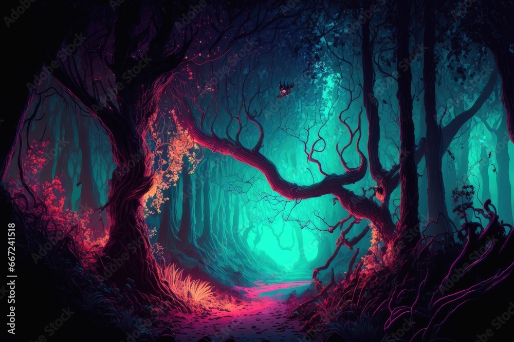 Mystical enchanted forest illuminated by glowing lights in the night ...