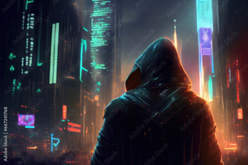Urban cyberpunk scene with enigmatic cloaked figure in futuristic ...