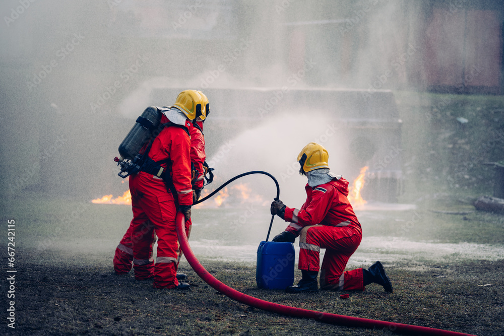 Fearless Firefighters Battling Blaze with Water and Extinguishers ...