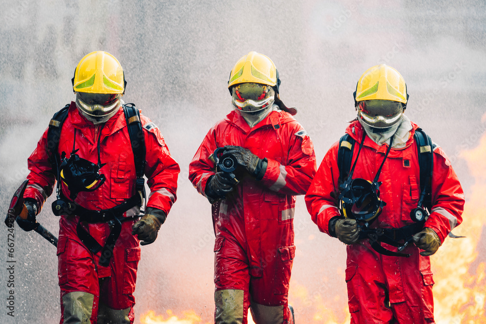 Firefighter in Full Protective Gear. Heroic Fireman Combats Intense ...
