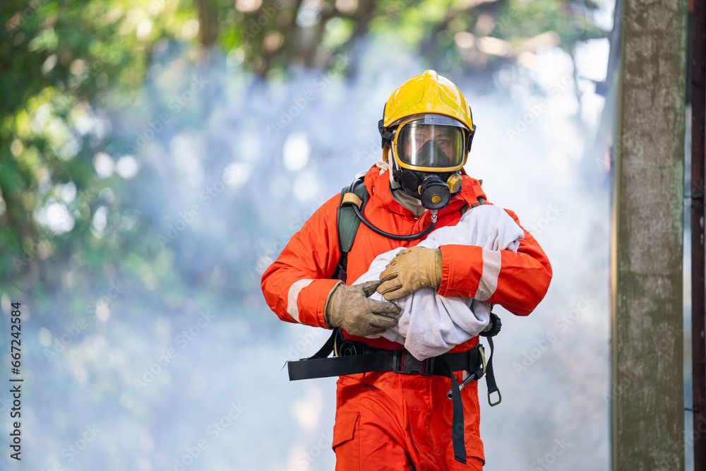 Firefighter in Action, Protecting People from Fire and Smoke. Fearless ...