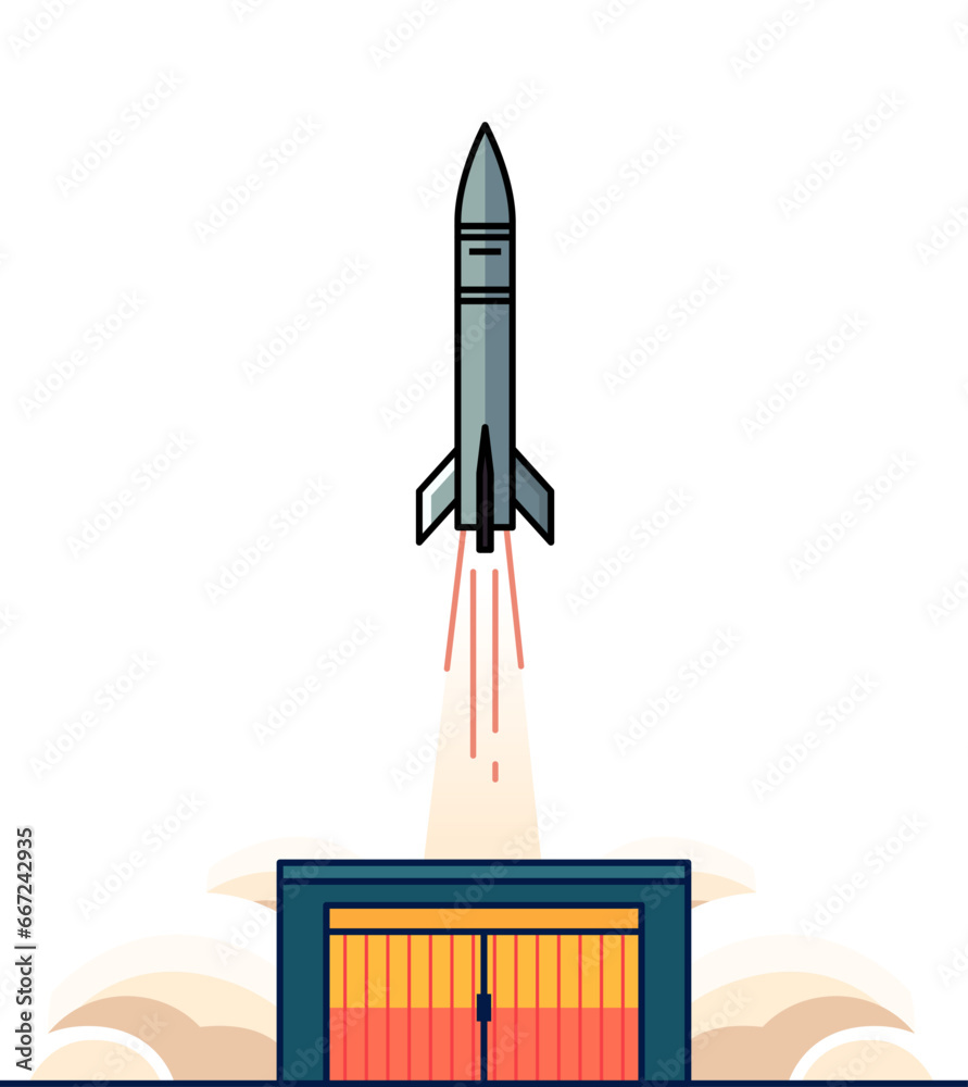 Missile swiftly exiting a silo, with smoke trails behind it, set ...