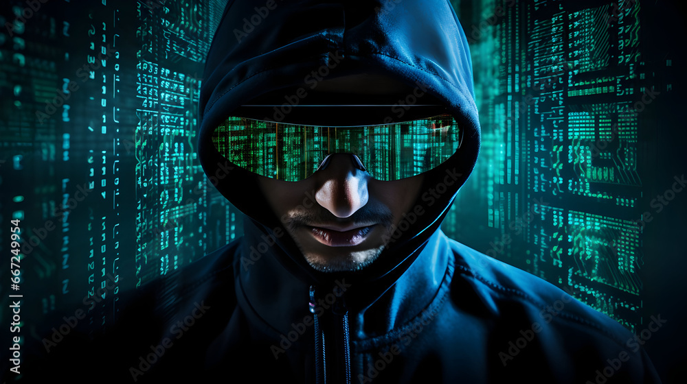 Hacker in the dark, Hacker in mask, a hacker's digital goggles showing ...