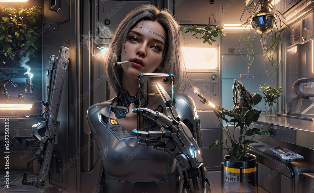 Beautiful female cyberpunk hacker taking selfies on her smartphone ...