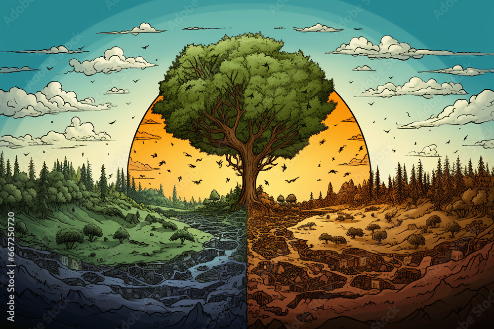 cartoon image of the planet in a deforested and destroyed perspective ...