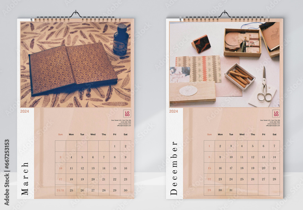Boho Lifestyle Wall Calendar 2024 Layout Stock Template | Adobe Stock
